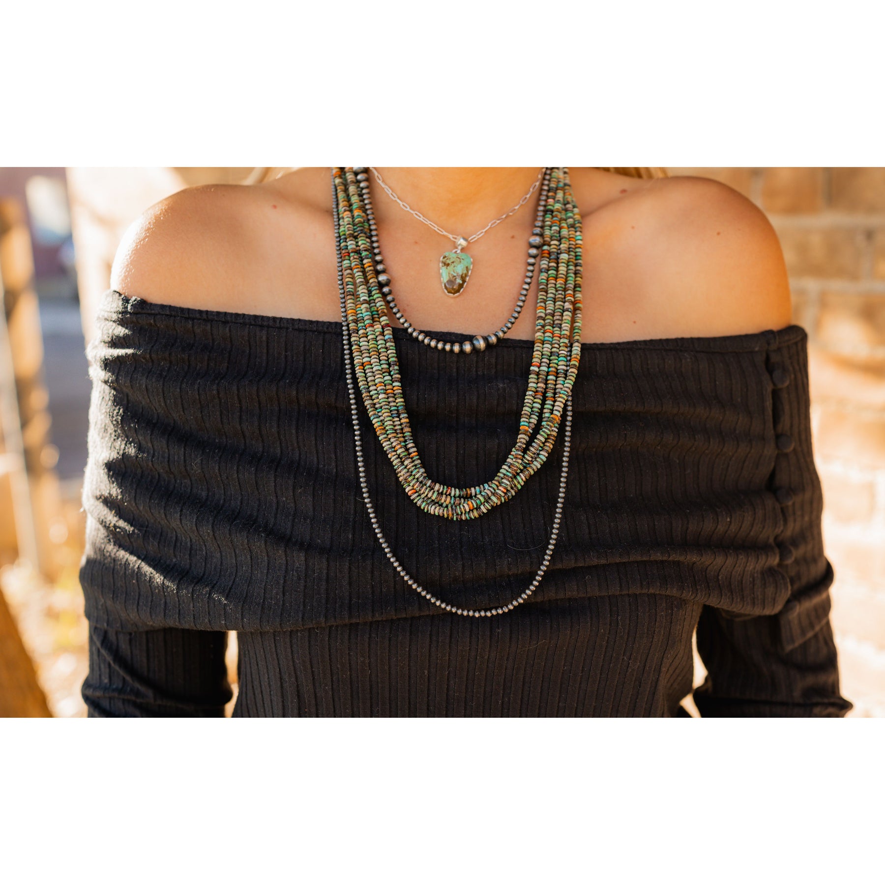 Fannie Garcia 5 Strand Turquoise, Spiny Oyster Shell, And Heishi Shell – Lantern Dancer Gallery